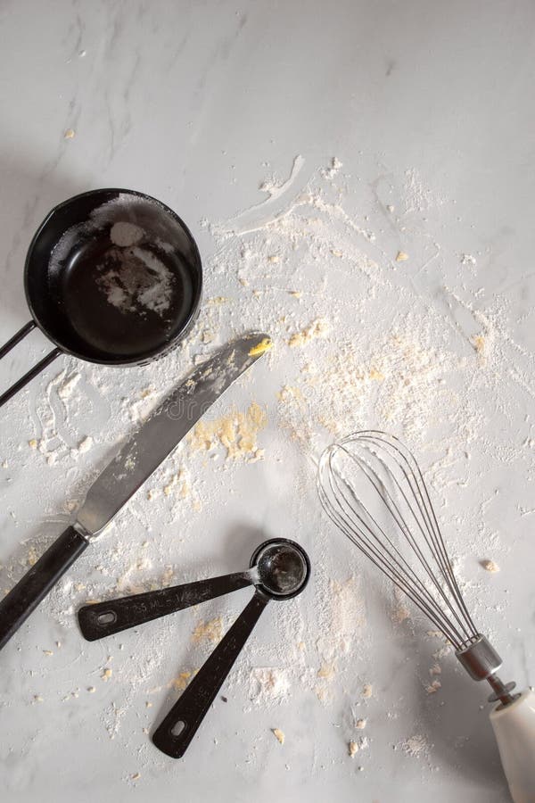 White Countertop with Kitchen Utensils Used for Baking a Cake. Stock ...