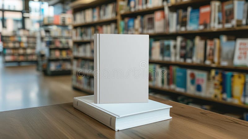 White Cover Book Mockup in a Brightly Lit Modern Bookstore Stock Image ...