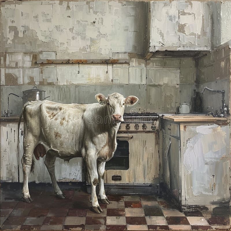 White Cow in a Cozy Kitchen Setting Stock Illustration - Illustration ...