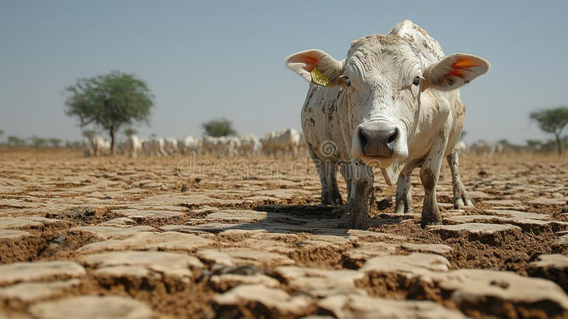 White Cow in a Dry Arid Landscape Stock Illustration - Illustration of ...