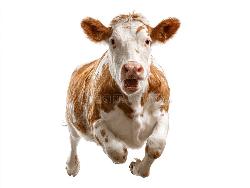 White Cow in Mid-stride Against a White Backdrop, with Brown Patches ...