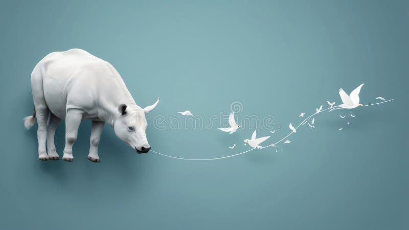 A White Cow with Paper Birds Flying Around it on a Blue Background ...
