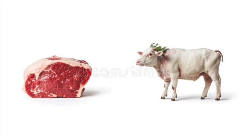 White Cow Standing beside Raw Beef Cut on Plain White Background Stock ...