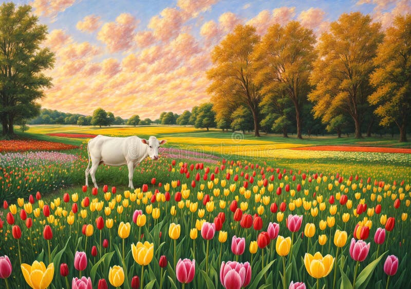 White Cow in Tulip Field. Beautiful Spring. Generative AI. Stock Image ...