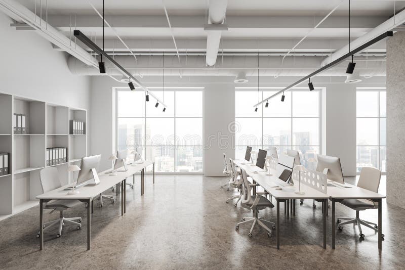 White Coworking Interior with Pc Computer on Desk in Row, Panoramic ...