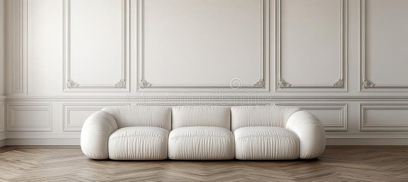 White Cozy Designer Sofa in Front of Classic Wall Interior. Stylish ...