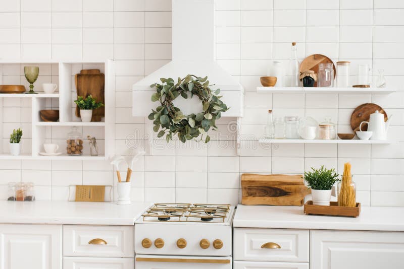 White Cozy Wooden Kitchen in Scandinavian Style Stock Image - Image of ...
