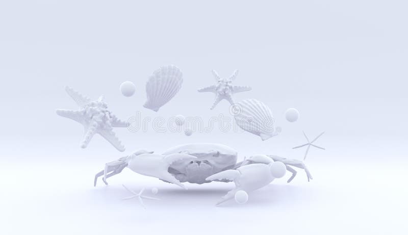 White Crab with Abstract White Shells, Starfish and Pearls on White ...