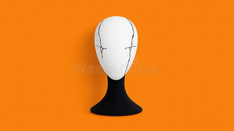 White Cracked Head Sculpture on Black Base Against Vibrant Orange ...