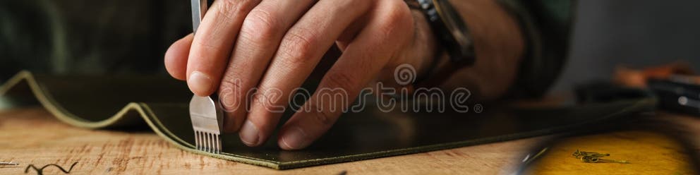 Craftsman Using Hummer while Working with Leather in Workshop Stock ...
