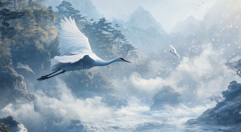 A White Crane Flies through a Misty Forest, Bathed in Sunlight Stock ...