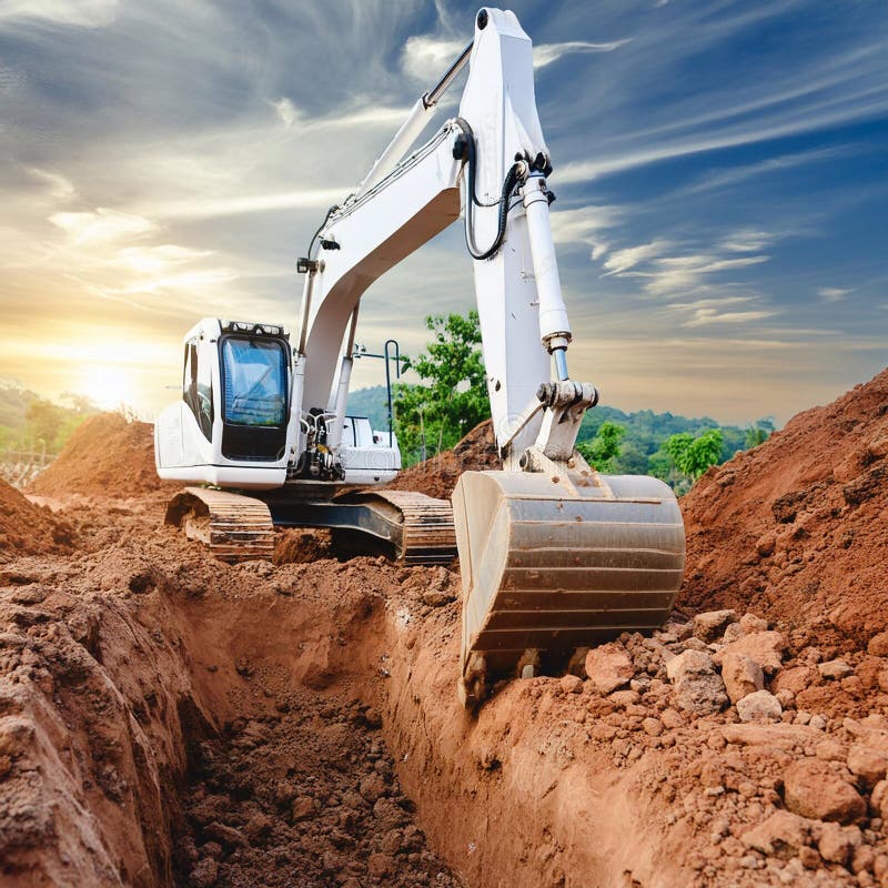 White Crawler Excavator Digging Soil with Blue Sky Background. Stock ...