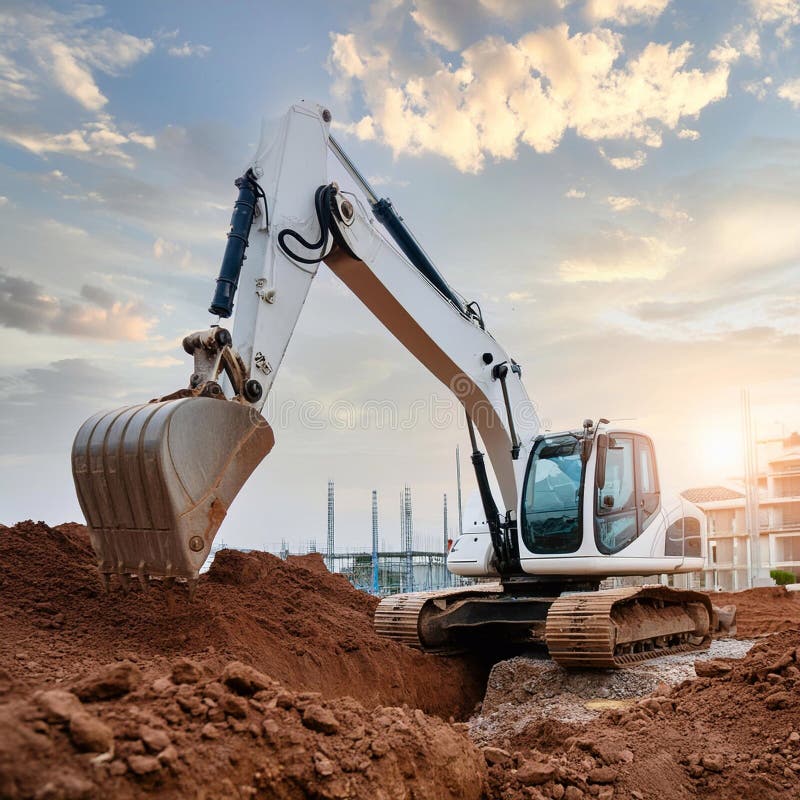 White Crawler Excavator Digging Soil with Blue Sky Background. Stock ...