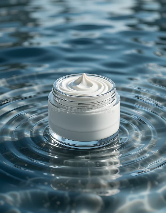 White Cream in a Clear Jar Sits Amid Rippling Water, Showcasing Texture ...