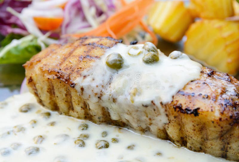 White cream grill sea bass stock image. Image of meal - 50070837