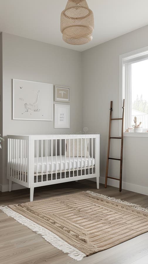 A White Crib with a Beige Rug in a Modern Nursery with a White and Gray ...