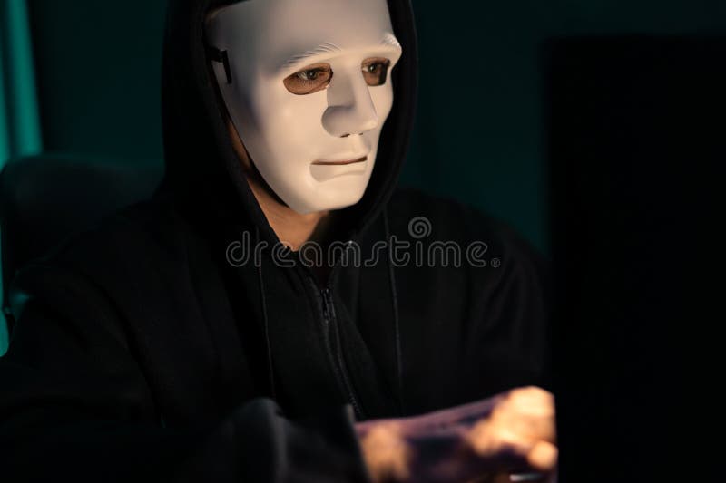 White Criminal Anonymous Mask Installing Coding Password Encryption. Pecuniary. Stock Photo ...