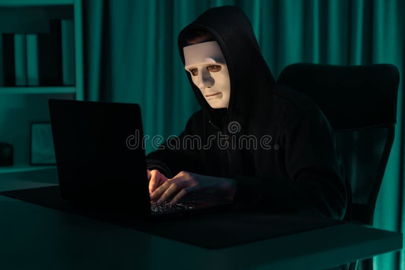White Criminal Anonymous Mask Installing Coding Password Encryption Pecuniary Stock Image