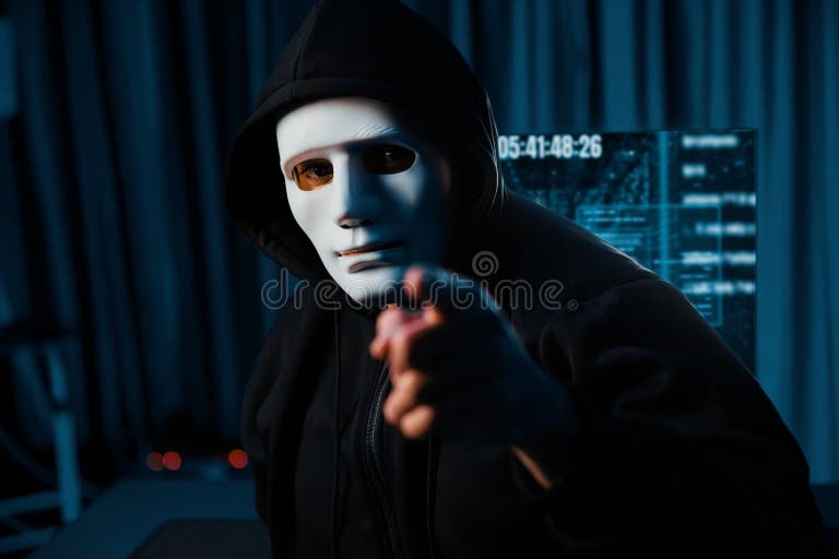 White Criminal Anonymous Mask Pointing To Camera As Hack Programmer ...