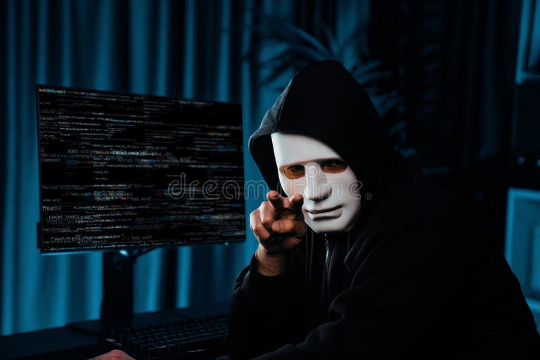 White Criminal Anonymous Mask Pointing To Camera, Provoke As Hacker ...