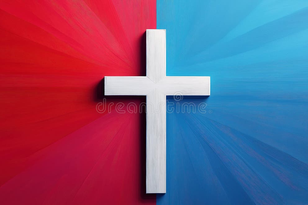 White Cross Centered on a Red and Blue Split Background Stock ...