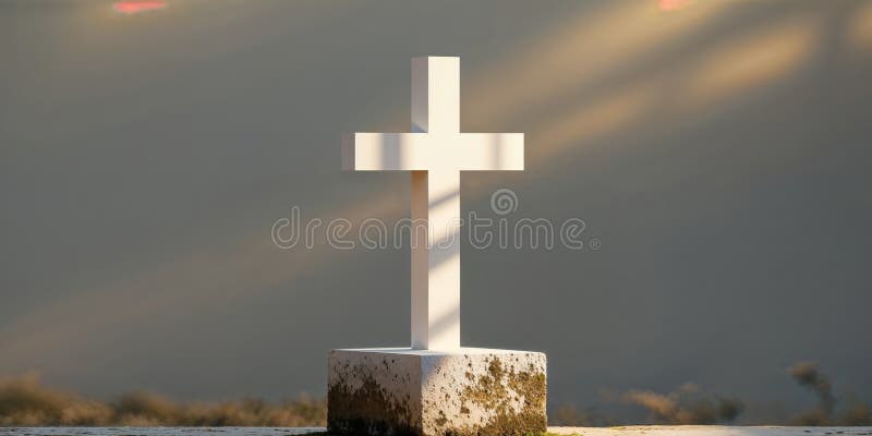 White Cross on Stone Base Illuminated by Soft Sunlight and Shadows ...