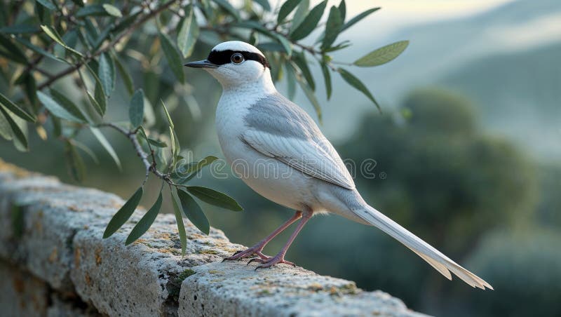 White Crowned Wheatear Perching on Stone Wall Near Olive Branch Stock ...