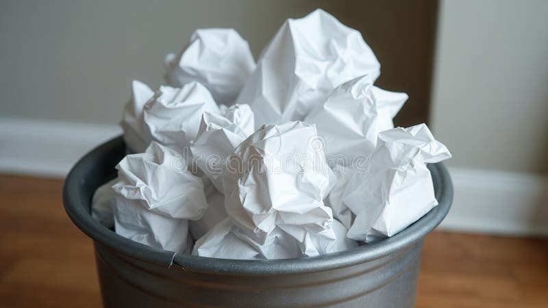 White Crumpled Paper Beacons are Thrown in the Trash Can. Stock Photo ...