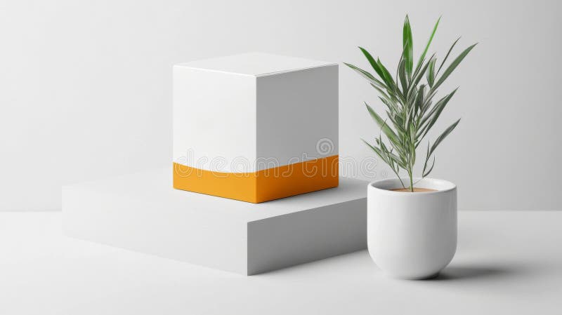 White Cube Box with Orange Accents and Plant Stock Illustration ...