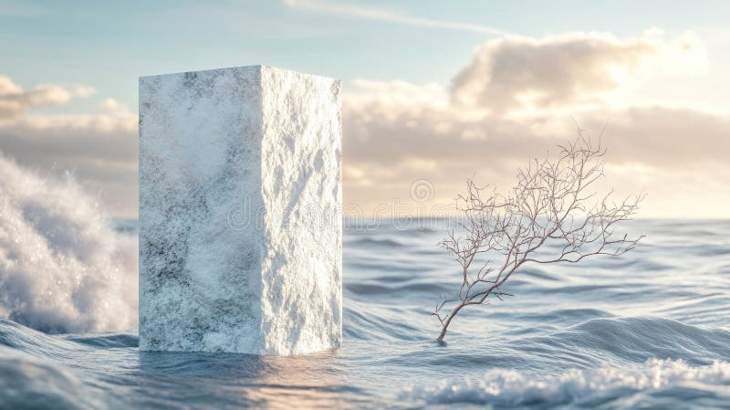 White Cube and Branch in Ocean Waves at Sunset Stock Illustration ...