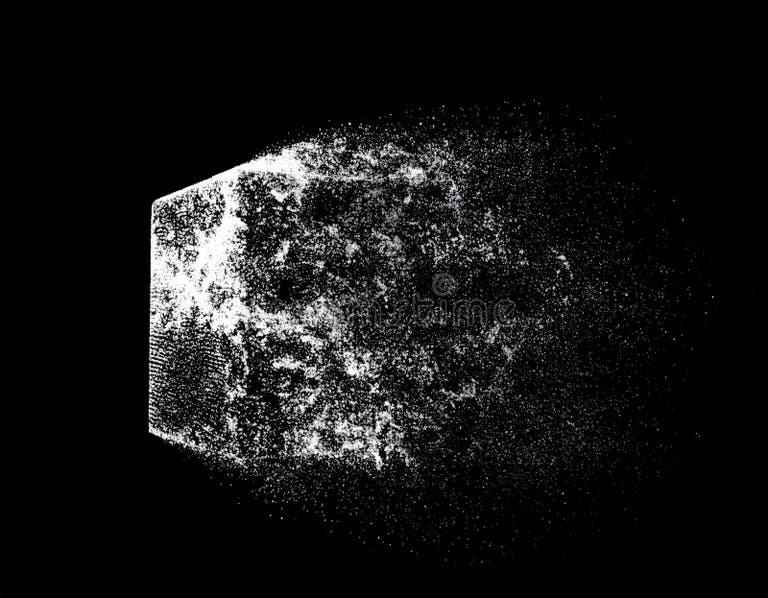 White Cube Disintegrating into Particles on Black Background Stock ...
