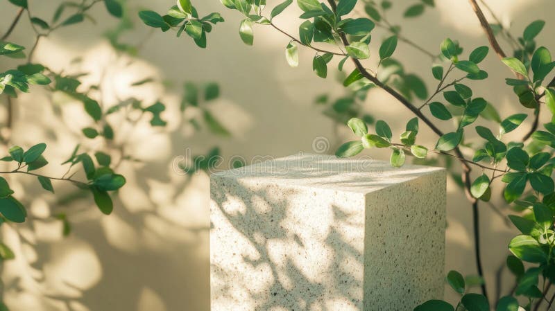 White Cube Display with Green Leaves and Soft Lighting Stock ...