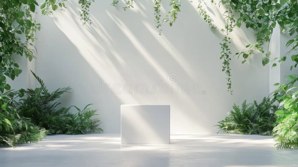 White Cube Display with Lush Greenery and Sunlight Stock Illustration ...