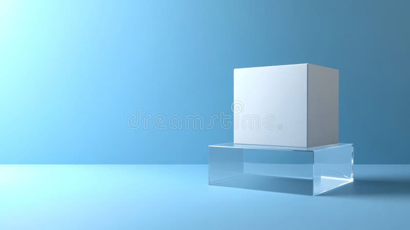White Cube on Glass Stand Against Light Blue Background in Minimalist ...