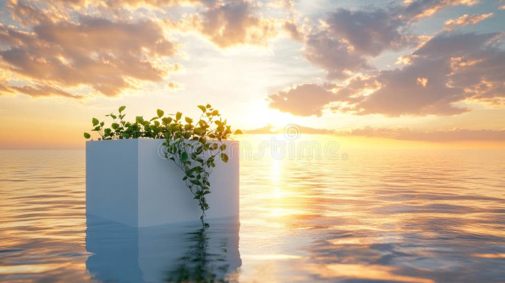 White Cube with Green Vine on Calm Ocean at Sunset Stock Illustration ...