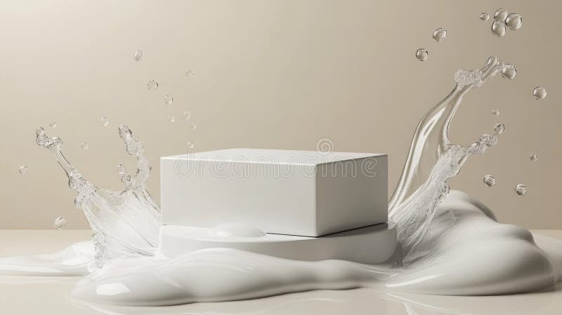 White Cube Pedestal with Abstract Water Splash and Soap Foam on Beige ...