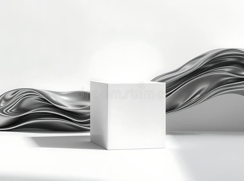 White Cube Pedestal with Flowing Dark Silk Abstract Background Ai ...