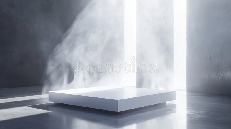 White Cube Platform in a Grey Concrete Room with Light Rays and Smoke ...