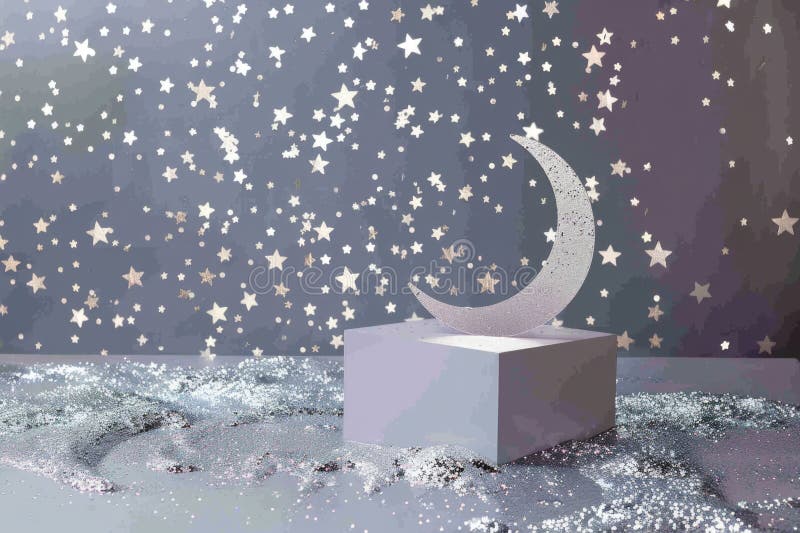 A White Cube Platform Rests on a Bed of Silver Glitter, with a Large ...