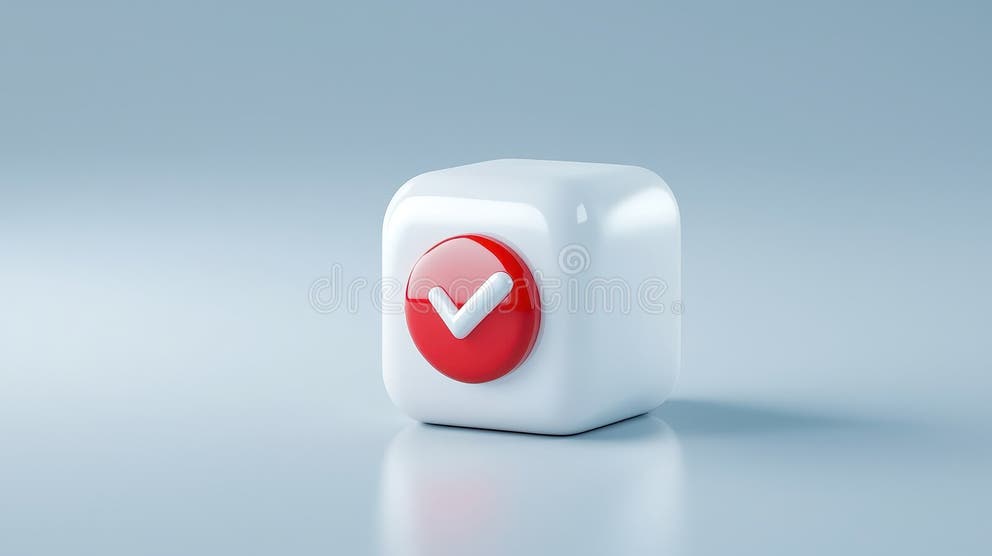 White Cube with Red Check Mark, Symbol of Success, Completion, and ...