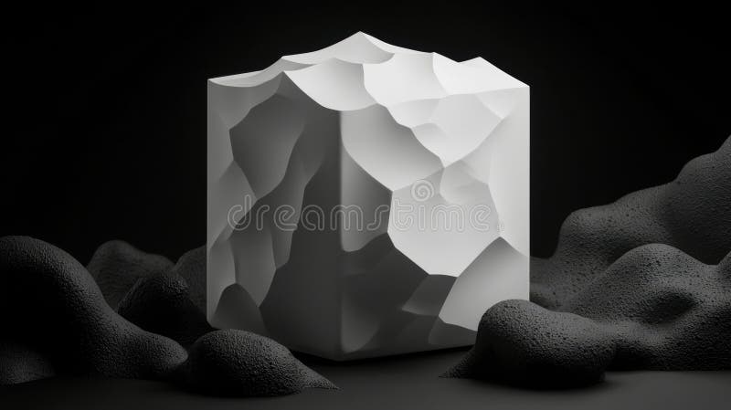 A White Cube with a Rough Texture Sits on a Black Surface, Surrounded ...