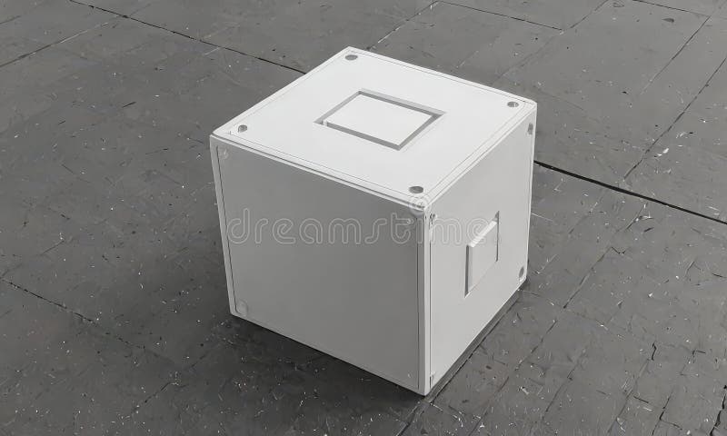 White Cube-shaped Object with Square Opening Sits on Gray Tiled Floor ...