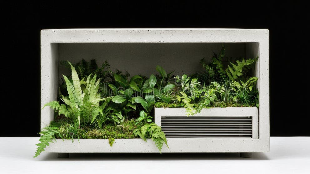 A White Cube-shaped Planter with a Gray Vent and a Variety of Green ...