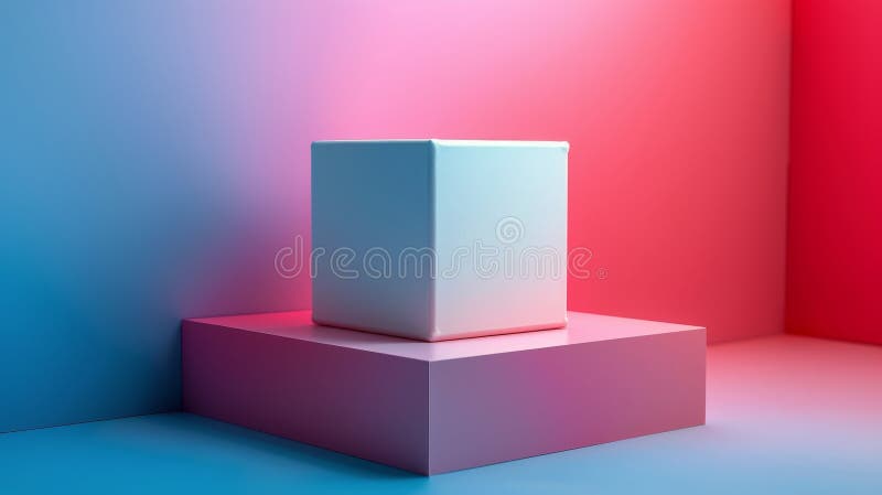 White Cube on Pink Platform with Blue and Pink Gradient Background ...