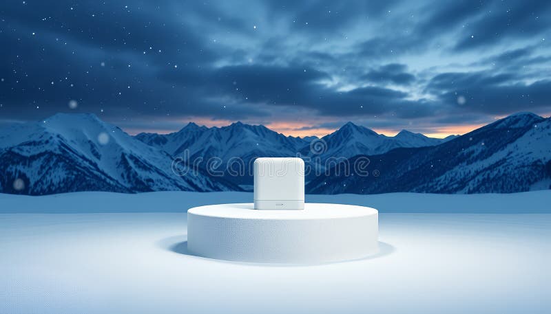 White Cube on Snowy Platform Against Mountain Sunset Stock Illustration ...