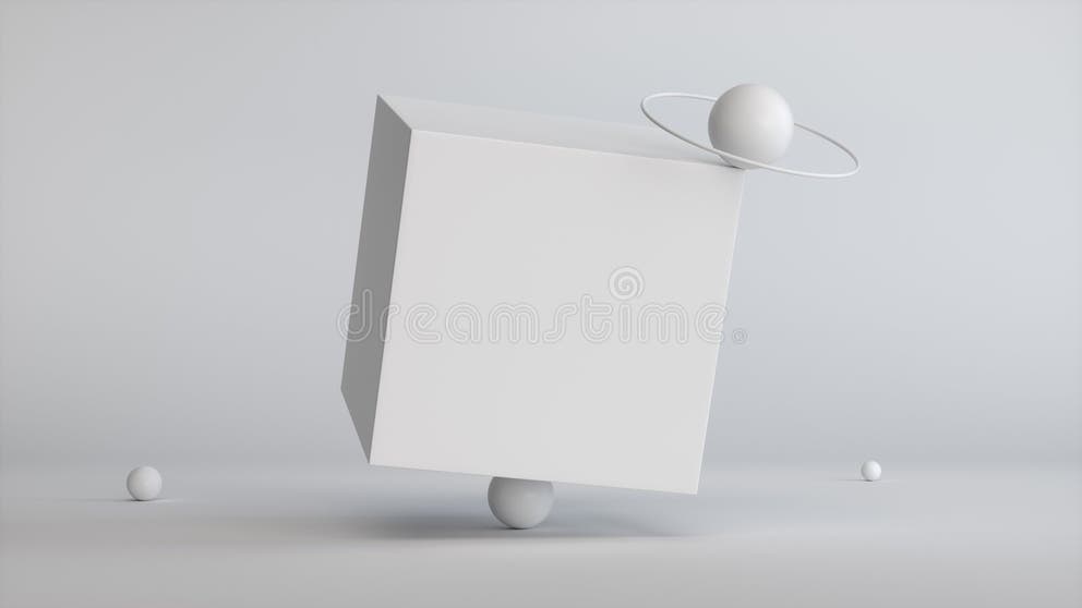 A White Cube with Spheres on a Gray Studio Background. Abstract ...