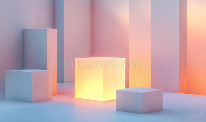 A White Cube with a Yellow Light is in the Middle of a Room with White ...