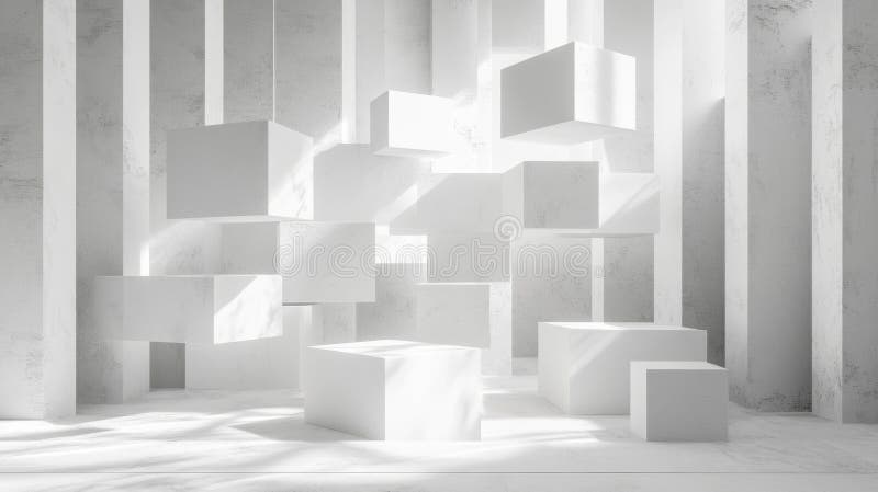 White Cubes Floating in Modern Concrete Interior Stock Illustration ...
