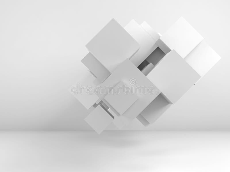 White Cubes Fly in Empty Room Interior. 3d Stock Illustration ...