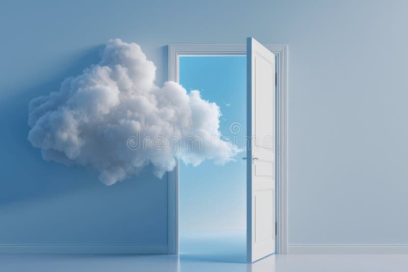 White Cumulus Cloud Flying Out the Open Door Inside Empty Room Stock ...